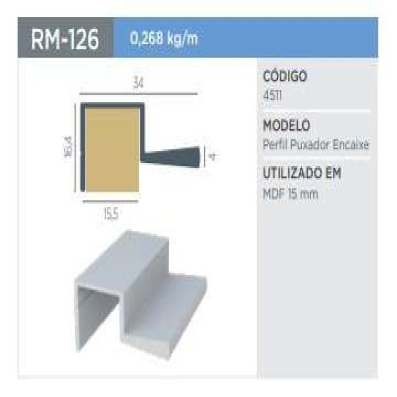 Perfil Puxador RM-126 Acabamento Inox Matte 15mm 03 Metros Rometal